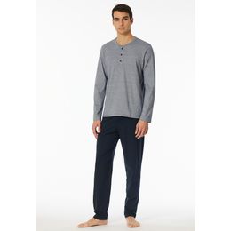 Schlafanzug Schiesser "Casual Essentials", Herren, Gr. 50, blau (804, nachtblau), Single Jersey, Obermaterial: 100% Baumwolle, unifarben, bequem lang, Rundhals, Homewear-Sets, mit feinen, gestrickten Ringeln, Knopfleiste, langärmelig