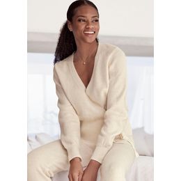 Wickelstrickjacke Lascana, Damen, Gr. 40/42, beige (creme), Strick, Obermaterial: 52% Polyester, 44% Polyacryl, 4% Elasthan, meliert, unifarben, sehr bequem h&uuml;ftlang, Rippb&uuml;ndchen, Strickjacken, mit breitem Rippb&uuml;ndchen, Loungewear