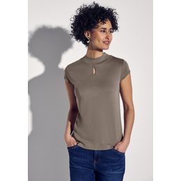 T-Shirt Street One, Damen, Gr. 44, braun (stone braun), Web, 50% Baumwolle, 50% Modal, unifarben, gerade normal, hoch geschlossener Ausschnitt, B&uuml;ndchen, Shirts T-Shirt, mit Turtleneck