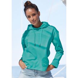 Kapuzensweatshirt ELBSAND "Elgin", Damen, Gr. L (40), blau (aqua), angeraute Sweatware, Obermaterial: 95% Baumwolle, 5% Elasthan, unifarben, figurumspielend hüftlang, breiter Bund, Sweatshirts, mit Logostickerei, lockerer Hoodie aus elastischer Baumwolle, Topseller
