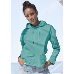 Kapuzensweatshirt ELBSAND "Elgin", Damen, Gr. S (36), blau (aqua), angeraute Sweatware, Obermaterial: 95% Baumwolle, 5% Elasthan, unifarben, figurumspielend hüftlang, breiter Bund, Sweatshirts, mit Logostickerei, lockerer Hoodie aus elastischer Baumwolle, Topseller