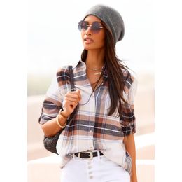 Hemdbluse Buffalo, Damen, Gr. 38, braun (braun, creme, kariert), Flanell, Obermaterial: 100% Baumwolle, kariert, figurumspielend h&uuml;ftlang, ohne Ausschnitt, mit Riegel 1-Knopf-Manschette, Blusen Hemdbluse, aus weichem Flanell mit Blusenkragen, Flanellhemd, Karobluse, Topseller