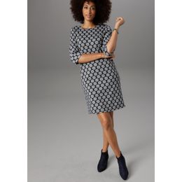 Jerseykleid Aniston SELECTED, Damen, Gr. 36, N-Gr, grau (dunkelblau, grau), Jersey, Obermaterial: 60% Polyester, 30% Viskose, 10% Elasthan, gepunktet, gestreift, figurumspielend kniefrei, Rundhals, Kleider Jerseykleid, mit Punkten & Streifen