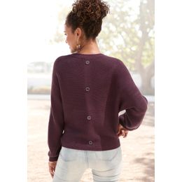 Rundhalspullover Lascana, Damen, Gr. 44/46, lila (burgunder), Strick, Obermaterial: 50% Viskose, 28% Polyester, 22% Polyamid, unifarben, figurumspielend h&uuml;ftlang, Rundhals, Fledermaus&auml;rmel, Pullover Rundhalspullover, mit Zierkn&ouml;pfen hinten, lockerer Strickpullover, Topseller