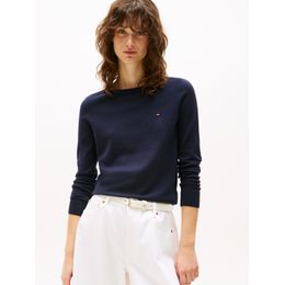 Strickpullover Tommy Hilfiger "CO JERSEY STITCH V-NK SWEATER", Damen, Gr. XS (34), blau (desert sky), Feinstrick, Obermaterial: 67% Baumwolle, 33% Polyamid, unifarben, Basic normal, U-Boot-Ausschnitt, Bündchen, Pullover, mit Tommy Hilfiger Logo-Flag