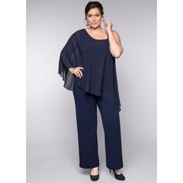 Jumpsuit sheego, Damen, Gr. 50, Normalgr&ouml;&szlig;en, blau (marine), 95% Polyester, 5% Elasthan, unifarben, lang, Overalls Jumpsuit