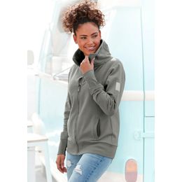Sweatjacke ELBSAND "Alvis", Damen, Gr. M (38), gr&uuml;n, angeraute Sweatware, Obermaterial: 95% Baumwolle, 5% Elasthan, unifarben, figurumspielend h&uuml;ftlang, Sweatjacken Sweatjacke, mit Logodruck am Kragen, bequeme Freizeitjacke