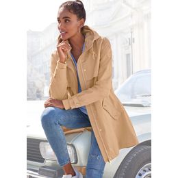 Outdoorjacke French Connection, Damen, Gr. L (44/46), beige, Web, Obermaterial: 100% Baumwolle. Futter: 85% Polyester, 15% Baumwolle. &Auml;rmelfutter: 100% Polyester, unifarben, figurumspielend ca. Mitte Oberschenkel, mit Druckknopf, Jacken Outdoorjacke, Saumschlitz mit Druckkn&ouml;pfen auf der R&uuml;ckseite