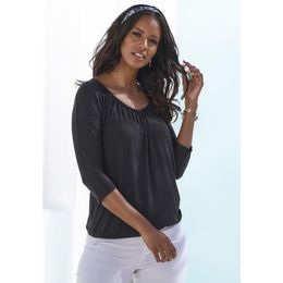 3/4-Arm-Shirt Lascana "mit zarter Raffung am Ausschnitt", Damen, Gr. 32/34, schwarz, Jersey, Obermaterial: 95% Viskose (LENZING&trade; ECOVERO&trade;), 5% Elasthan, unifarben, Basic, figurumspielend normal, V-Ausschnitt, angeschnitten Umschlagsaum, Shirts 3/4-Arm-Shirt, aus weichem Viskose-Stretch