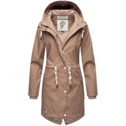 Regenjacke Navahoo "Tropical Stormoo", Damen, Gr. M (38), grau (taupe), Obermaterial: 70% Polyester, 30% Polyurethan; Innenfutter: 100% Polyester; &Auml;rmelfutter: 100% Polyester; Wattierung: 100% Polyester, gerade ca. Mitte Oberschenkel, hoch geschlossener Ausschnitt, &Auml;rmel ohne &Auml;rmelschlitz Rippstrickb&uuml;ndchen, Jacken Regenjacke, Wasserdichter Damen Outdoor Regenmantel