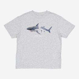Palm Angels Graues T-Shirt mit Logo und Haifischmotiv