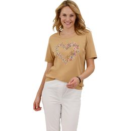 Damen Rundhalsshirt mit Herzprint camel-braun-bedruckt, Gr&ouml;&szlig;e 56
