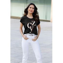 Damen Kurzarmshirt mit Lettering-Print schwarz-wei&szlig;, Gr&ouml;&szlig;e 50