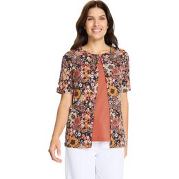 Damen 2-in-1-Shirt mit floralem Muster schwarz-papaya-bedruckt, Gr&ouml;&szlig;e 50