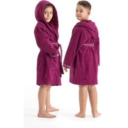 Kinderbademantel Bruno Banani "Danny, Ideal für Zuhause, Schwimmbad oder im Urlaub" Gr. 152, beere, L:102cm, Walkfrottee, Hausmäntel, mit Logostreifen, aus 100% Baumwolle