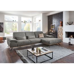 Ecksofa DIE PLANBAR "PN-EM18063 L-Form", grau (granit), B:322cm H:89cm T:187cm, Sichtrahmen: Aus Spannplatte mit augesetzten Weildeiche funiert, Sofas, Ecksofa, wahlweise mit echt bezogenem R&uuml;cken und Sitztiefenverstellung