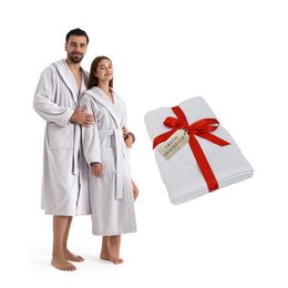 Unisex-Bademantel OTTO HOME "Fenya, 330 g/m², Premium, Hotelbademantel, Morgenmantel, Sauna & Spa" Gr. XL, grau (hellgrau), L:125cm, Veloursfrottier, Hausmäntel, Reißverschlusstaschen, weich mit GRATIS-Zugabe: 1x Duschtuch 70x140 cm