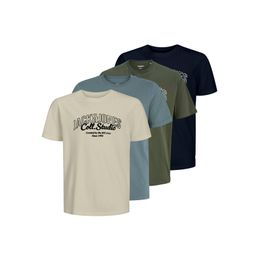 Jack & Jones PlusSize T-Shirt "JJMAKOTO TEE SS CREW NECK 4PK MP PLS", Herren, Gr. 5XL, weiß (stormy weather pack:big print with duffel bag, sky captain, antique weiß), Jersey, Obermaterial: 100% Baumwolle, JACK & JONES PLUSSIZE, bedruckt, regular fit normal, Rundhals, Shirts