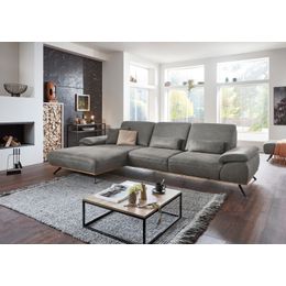 Ecksofa DIE PLANBAR "PN-EM18063 L-Form", grau (granit), B:322cm H:89cm T:187cm, Sichtrahmen: Aus Spannplatte mit augesetzten Weildeiche funiert, Sofas, Ecksofa, wahlweise mit echt bezogenem R&uuml;cken und Sitztiefenverstellung