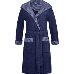 Damenbademantel Esprit "Day, ideal für Sauna & Spa, Hotelbademantel, Morgenmantel" Gr. M, blau (navy blau), L:97cm, Microfaser-Webfrottier, Hausmäntel, mit Kapuze, gestreiften Akzenten & Logostickerei, kurz