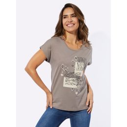 Rundhalsshirt Classic Basics "Rundhals-Shirt", Damen, Gr. 38, grau (taupe, schwarz, bedruckt), 100% Baumwolle, ethno, gemustert, Rundhals, Shirts Rundhalsshirt