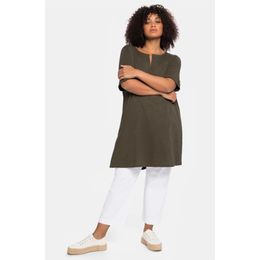 Longshirt sheego "Longshirt", Damen, Gr. 44/46, gr&uuml;n (dunkeloliv), 100% Baumwolle, unifarben, V-Ausschnitt, Shirts Longshirt