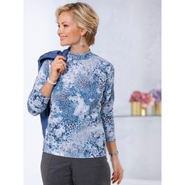 Langarmshirt CLASSIC "Shirt", Damen, Gr. 42, blau (jeansblau, ecru, gemustert), 92% Polyester, 8% Elasthan, geblümt, gemustert, mehrfarbig, Shirts Langarmshirt