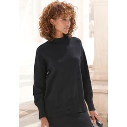 Stehkragenpullover Lascana, Damen, Gr. 40/42, schwarz, Strick, Obermaterial: 50% Viskose, 28% Polyester, 22% Polyamid, unifarben, figurumspielend h&uuml;ftbedeckend, hoch geschlossener Ausschnitt, Pullover Stehkragenpullover, mit breiten Abschl&uuml;ssen, klassischer Strickpullover, Topseller