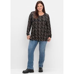 Langarmshirt sheego "Langarmshirt", Damen, Gr. 40/42, schwarz (schwarz, gemustert), 95% Viskose, 5% Elasthan, gebl&uuml;mt, gemustert, mehrfarbig, Rundhals, Shirts Langarmshirt