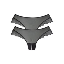 String-Ouvert Petite Fleur Gold, Damen, Gr. 32/34, 2 Stk., schwarz (2xschwarz), Netz, Obermaterial: 90% Polyamid, 10% Elasthan, k&ouml;rpernah, Unterhosen, mit romantischen R&uuml;schen am Beinausschnitt