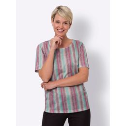 Kurzarmshirt Classic Basics "Druck-Shirt", Damen, Gr. 40, bunt (flamingo, blaugr&uuml;n, bedruckt), 100% Polyester, gemustert, gestreift, mehrfarbig, Rundhals, Shirts