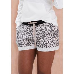 Shorts Lascana, Damen, Gr. 44/46, N-Gr, beige (beige, schwarz), Sweatware, Obermaterial: 60% Baumwolle, 40% Polyester, bedruckt, gemustert, bequem kurz, Hosen Shorts, mit Rippb&uuml;ndchen und Umschlagsaum, Loungewear