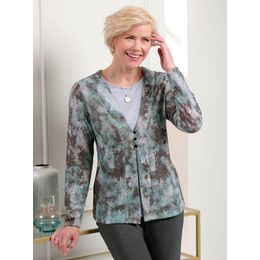 2-in-1-Langarmshirt CLASSIC "Shirt", Damen, Gr. 40, grau (salbei, steingrau, bedruckt), 95% Polyester, 5% Elasthan, gemustert, mehrfarbig, V-Ausschnitt, Shirts
