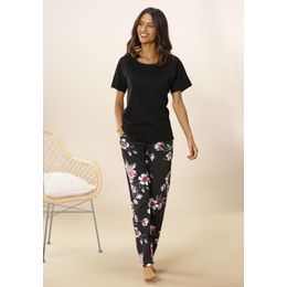 Pyjama Vivance Dreams, Damen, Gr. 32/34, schwarz, Single Jersey, Obermaterial: 100% Baumwolle, geblümt, Basic, bequem, Rundhals, angeschnitten, Homewear-Sets Pyjama, mit Blumendruck