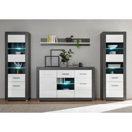 Wohnwand Inosign "Etero", grau (schwarz concret, weiß mdf hochglanz, applikation schwarz concret), B:314cm, Kastenmöbel-Sets