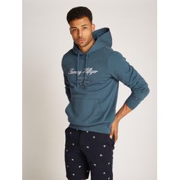 Hoodie Tommy Hilfiger "SCRIPT LOGO HOODY", Herren, Gr. XL, blau (aegean sea), Sweatware, Obermaterial: 63% Baumwolle, 37% Polyester, unifarben, regular fit hüftlang, Rippbündchen, Sweatshirts, mit aufgesticktem Logo