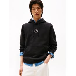 Hoodie Tommy Hilfiger "OUTLINE FLAG SCRIPT HOODIE", Herren, Gr. M, schwarz, Sweatware, Obermaterial: 100% Baumwolle, Rippb&uuml;ndchen, Sweatshirts Hoodie, mit kontrastfarbener Stickerei