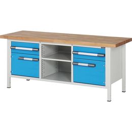 eurokraft pro Werkbank, Gestellbauweise Serie 8000, 2 Schubladen 180 mm, 2 T&uuml;ren 360 mm, 1 Ablageboden, 1 Fachboden, BxT 2000 x 700 mm