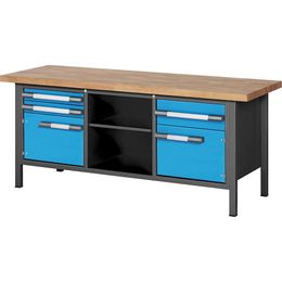 eurokraft pro H&ouml;henverstellbare Werkbank, Gestellbauweise, 3 Schubladen, 2 T&uuml;ren, 2 Ablageb&ouml;den, Breite 2000 mm, anthrazit / blau