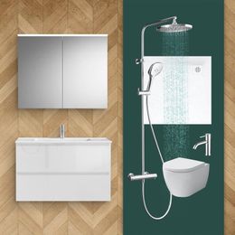 evineo ineo2 Bad mit M&ouml;belanlage & Spiegelschrank B: 100 cm, WC, Dusche, inkl. Armaturen, BE-Bad-Set2#NEW,