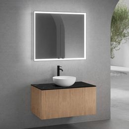 neoro n50 line Unterschrank B: 100 cm mit 1 Auszug, mit profilierter Eichenfront, Waschtisch &Oslash; 40 cm wei&szlig; matt, mit n60 Spiegelschrank f&uuml;r die