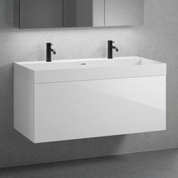 neoro n50 Unterschrank B: 120 cm mit 1 Auszug, Doppelwaschtisch mit 2 Hahnl&ouml;chern wei&szlig; matt,, BN0141WM+BN0434WH,