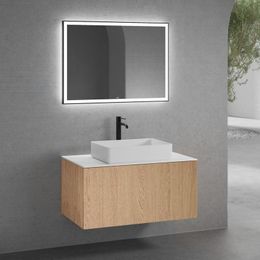 neoro n50 Unterschrank B: 100 cm mit 1 Auszug, mit glatter Eichenfront, Waschtisch B: 58 cm wei&szlig; matt, Konsole wei&szlig; matt, mit Spiegel,