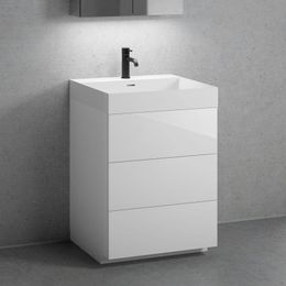 neoro n50 Unterschrank B: 60 cm mit 3 Ausz&uuml;gen, Waschtisch mit 1 Hahnloch wei&szlig; matt,, BN0137WM+BN0451WH,