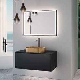 neoro n60 Unterschrank B: 100 cm mit 1 Auszug, Waschtisch gold geb&uuml;rstet, mit Lichtspiegel, BN0737BG+BN0756BM+BN0016MI,