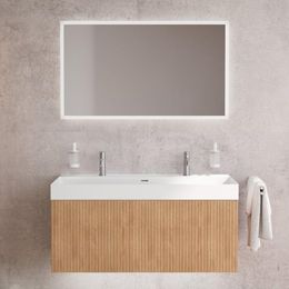 neoro n50 stripes Unterschrank B: 120 cm mit 1 Auszug, eiche profiliert, mit Spiegel, Doppelwaschtisch cube, BN0141WM+BN0484BPO+BN0005MI,
