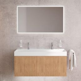 neoro n50 stripes Unterschrank B: 120 cm mit 1 Auszug, eiche profiliert, mit Spiegel, Doppelwaschtisch cube, BN0146WM+BN0484BPO+BN0005MI,