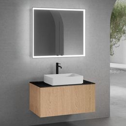 neoro n50 Unterschrank B: 100 cm mit 1 Auszug, mit glatter Eichenfront, Waschtisch B: 58 cm wei&szlig; matt, mit n60 Spiegelschrank f&uuml;r die Schweiz,