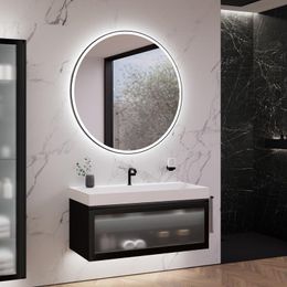 neoro n80 albus Unterschrank B: 120 cm mit 1 Auszug, mit profilierter Glasfront, mit Spiegel, Waschtisch cube, BN0145WM+BN0434PG+BN0024MI,