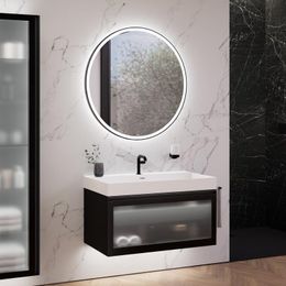 neoro n80 albus Unterschrank B: 100 cm mit 1 Auszug, mit profilierter Glasfront, mit Spiegel, Waschtisch cube, BN0139WM+BN0433PG+BN0023MI,